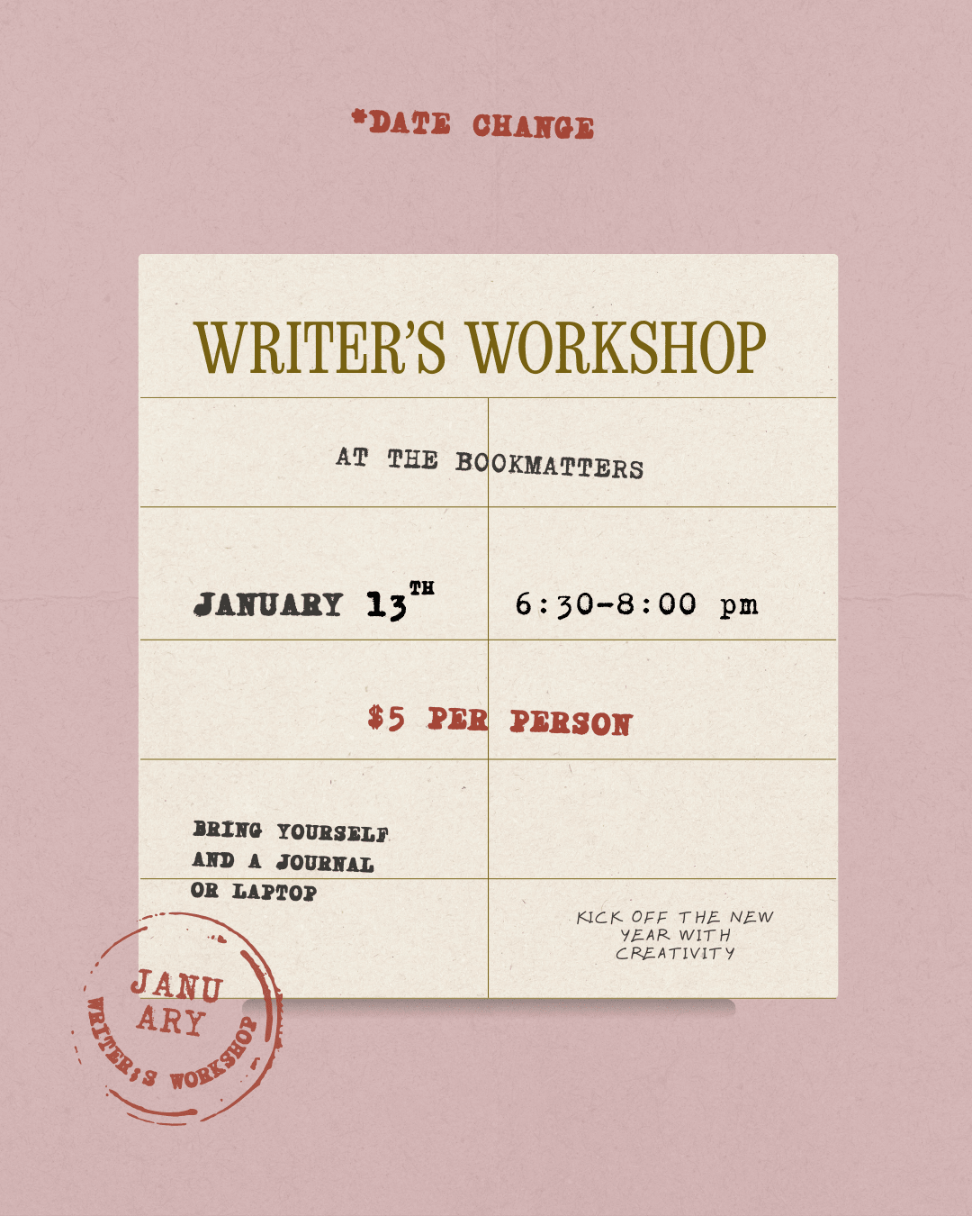 Writer's Workshop Ticket January 13th – The Bookmatters